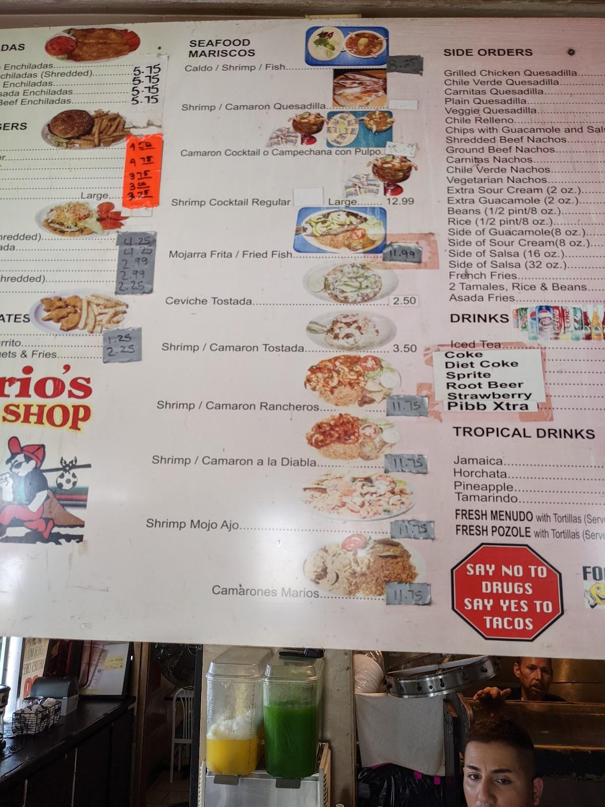 Menu at Mario's Taco Shop fast food, Merced, 51 W 16th St