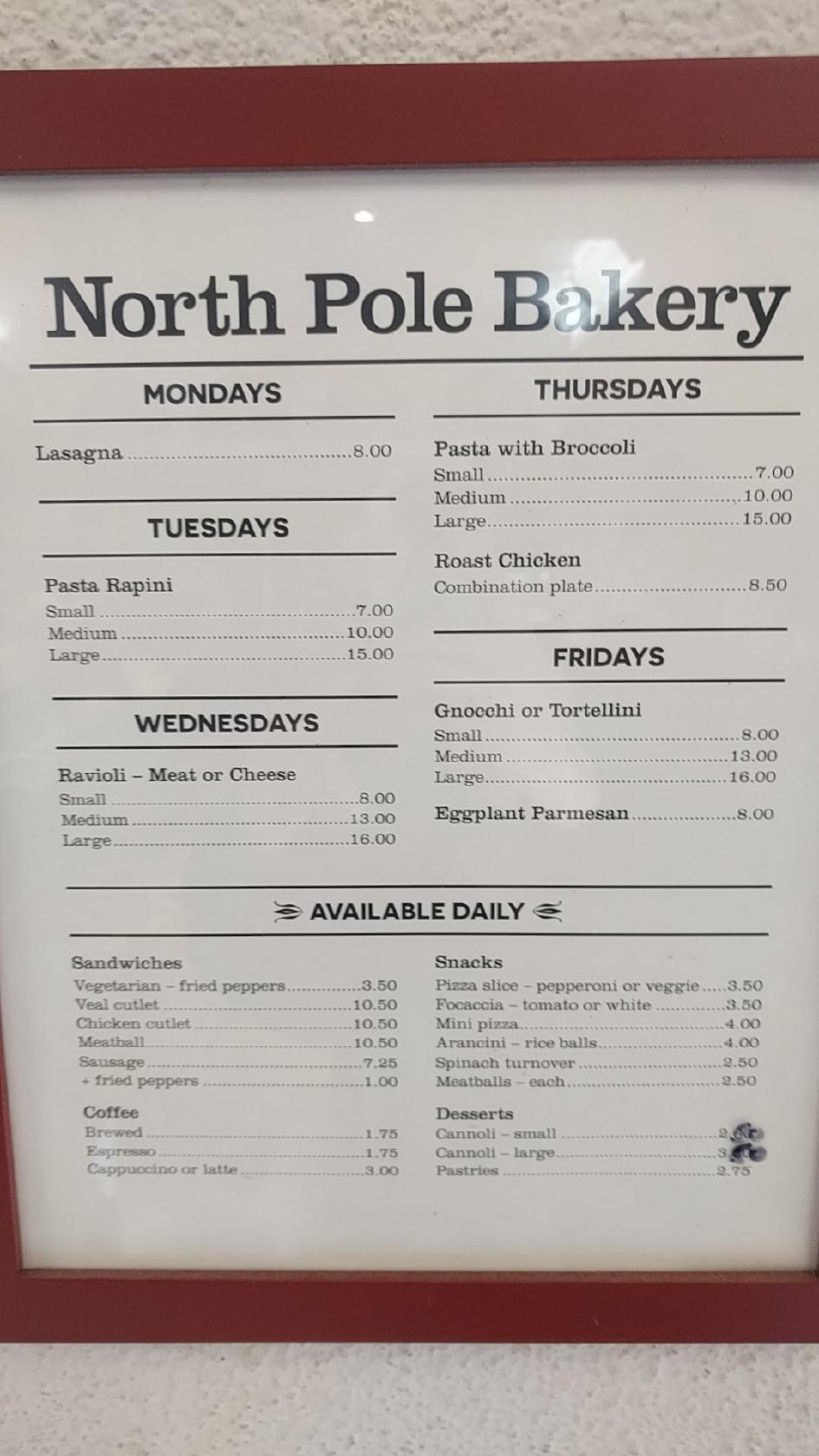 Menu at North Pole Bakery, Toronto
