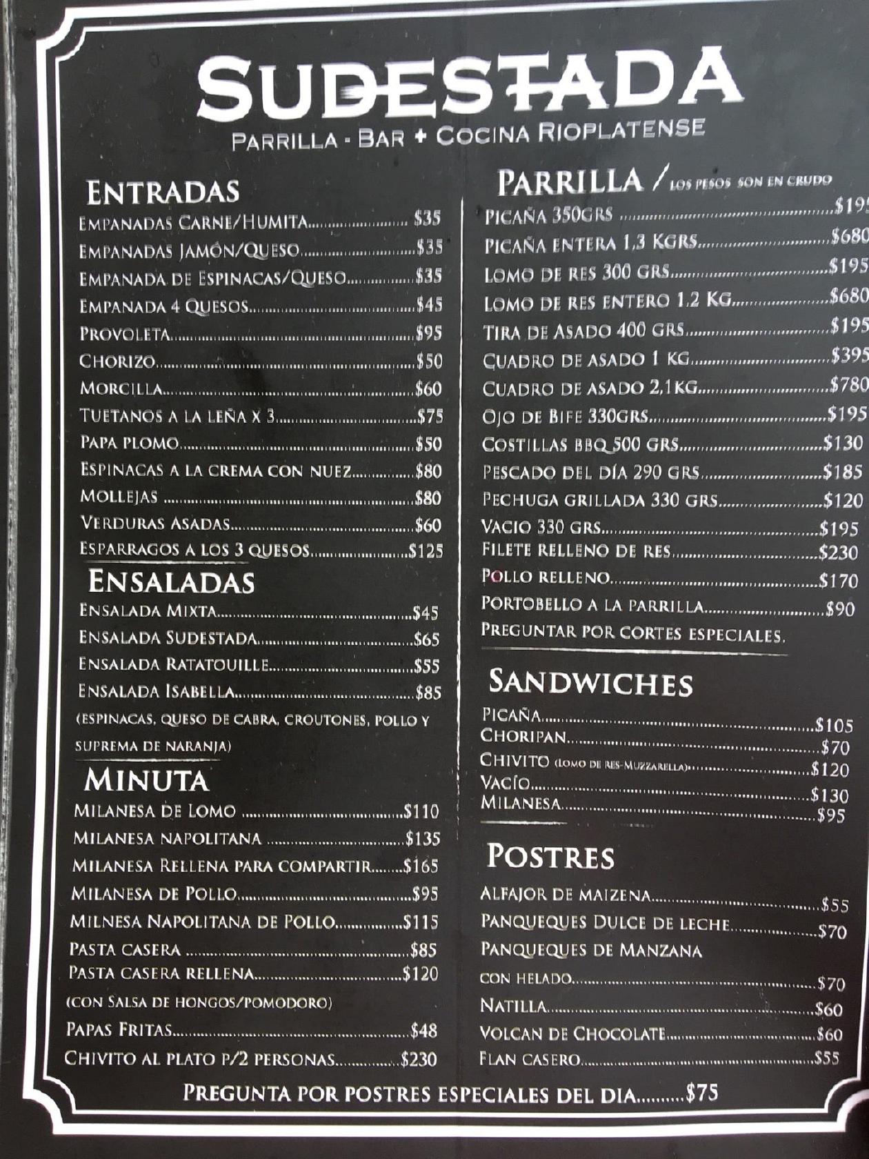 Menu at Sudestada steakhouse, Guadalajara