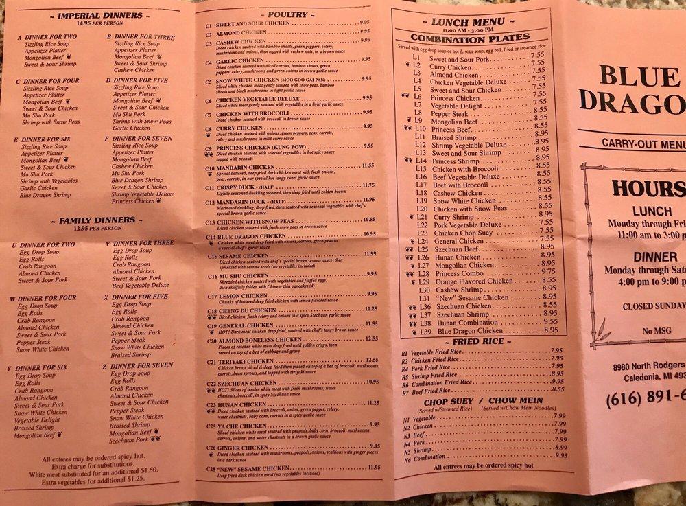 Menu at Blue Dragon Restaurant, Caledonia