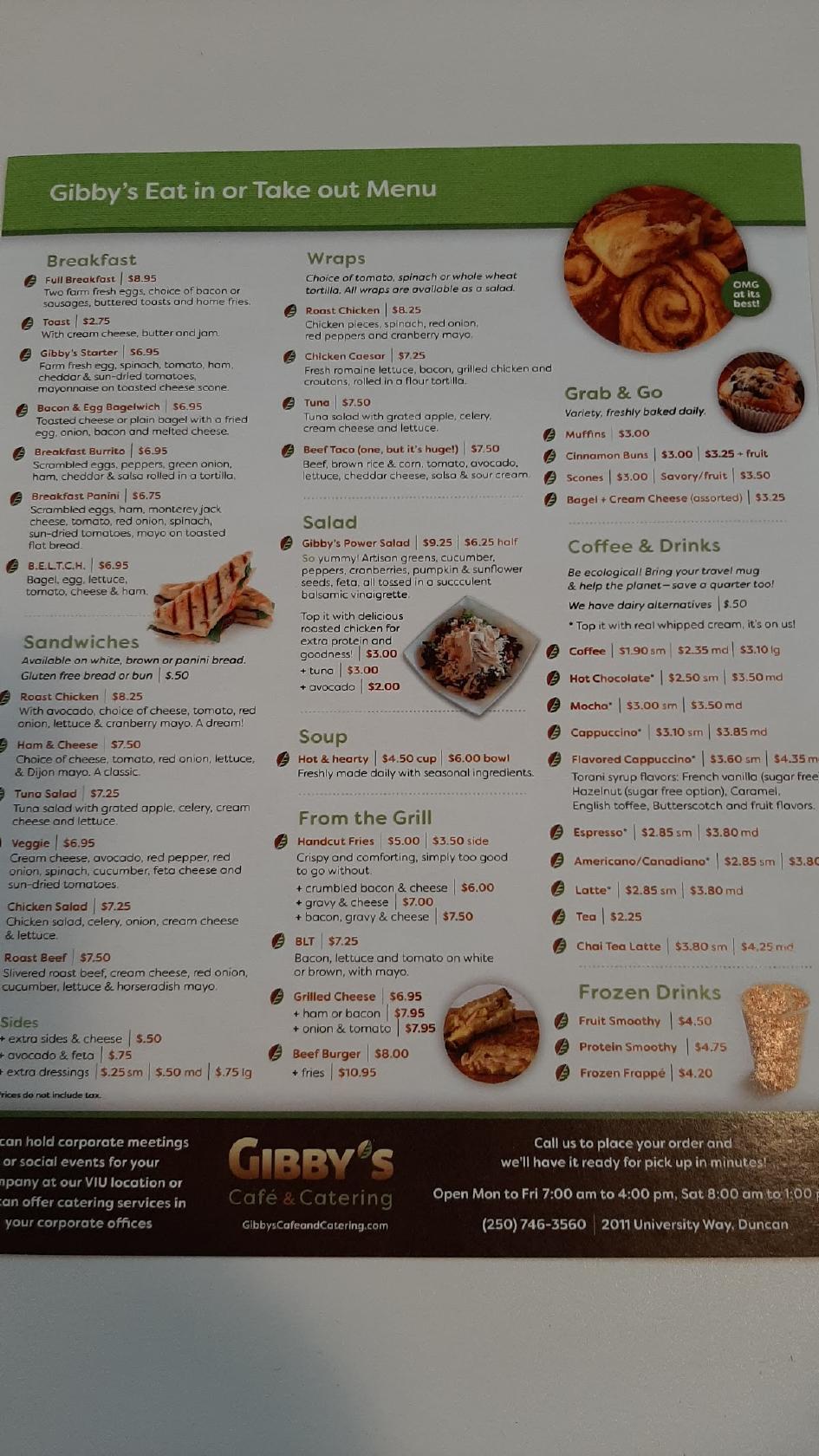 Menu at Gibby's Cafe and Catering, Duncan