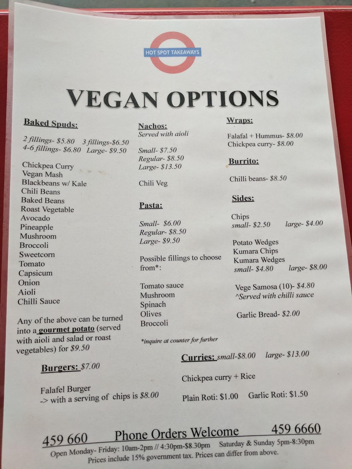 Menu at Hotspot Takeaways restaurant, Whangarei