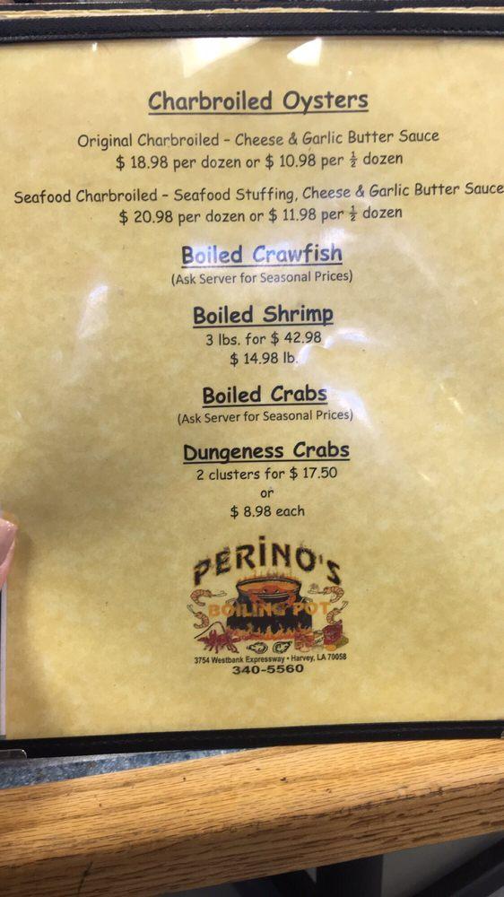 Menu at Perino's Boiling Pot restaurant, Harvey
