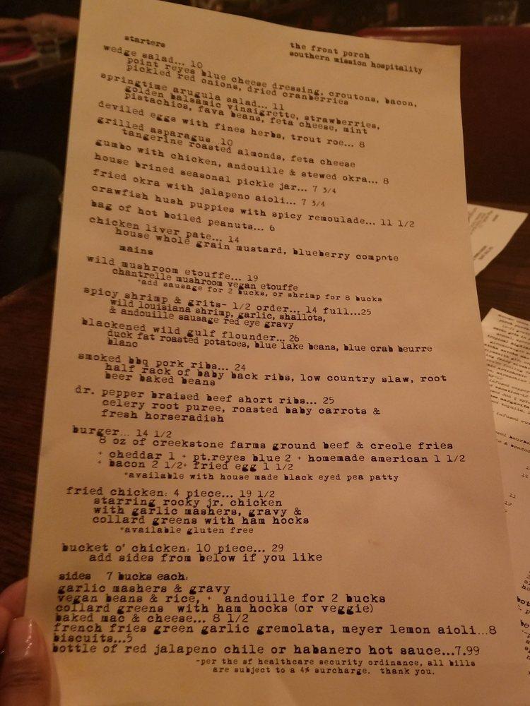 Menu at The Front Porch restaurant, San Francisco