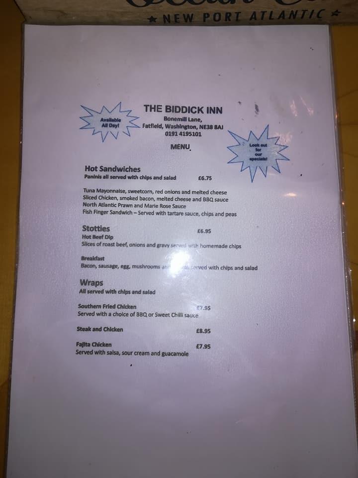 Menu at The Biddick Inn pub & bar, Washington, Bonemill Ln
