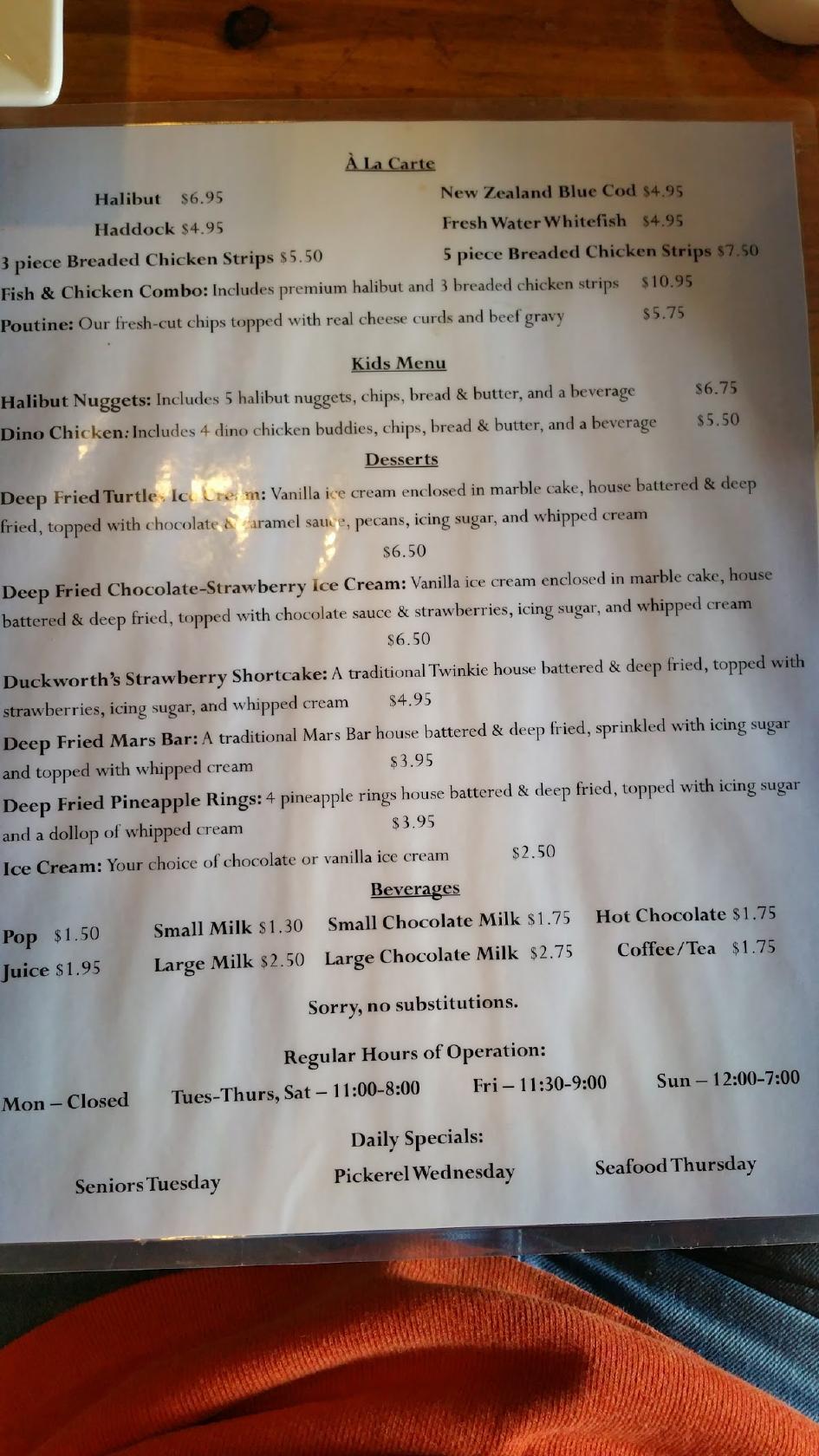 Menu at Duckworth's Fish & Chips restaurant, Orillia
