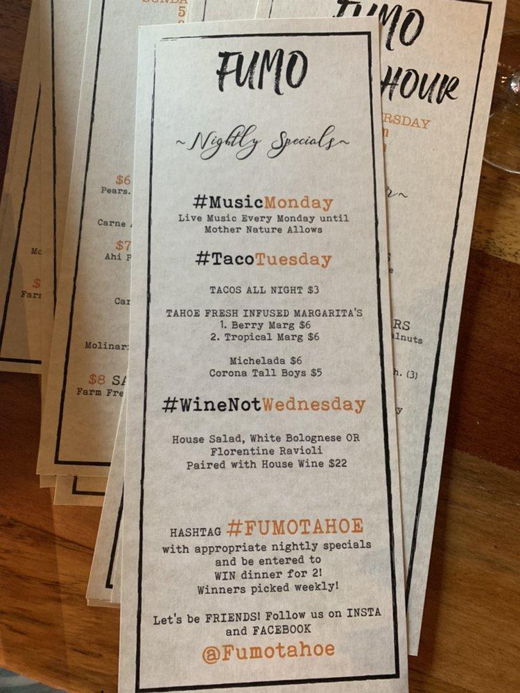 Menu at FUMO Cafe, Eatery & Bar, Incline Village