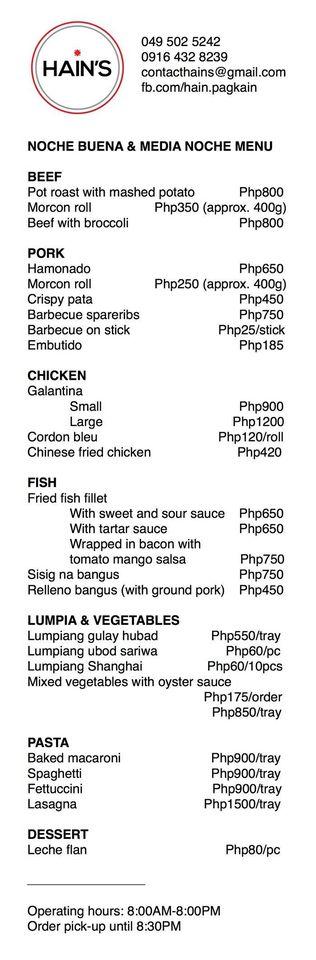 Menu at Hain's (Restaurant/Catering), Cabuyao