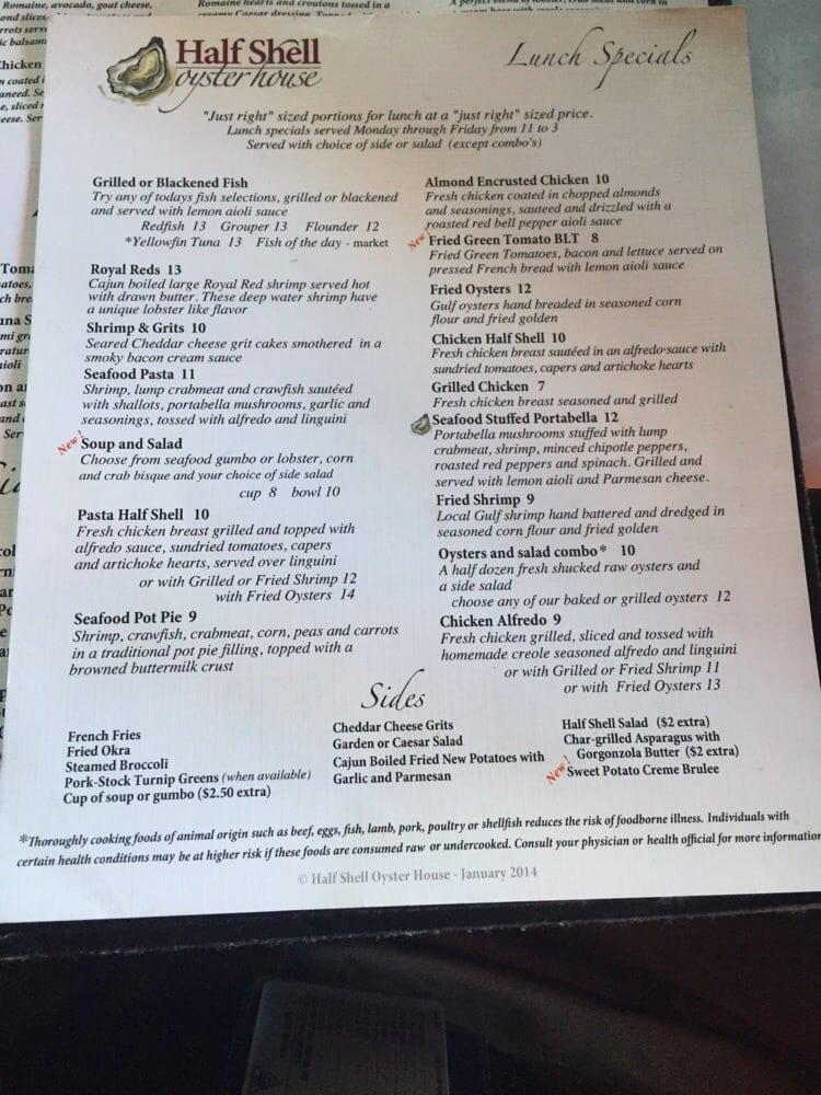 Menu at Half Shell Oyster House restaurant, Gulfport