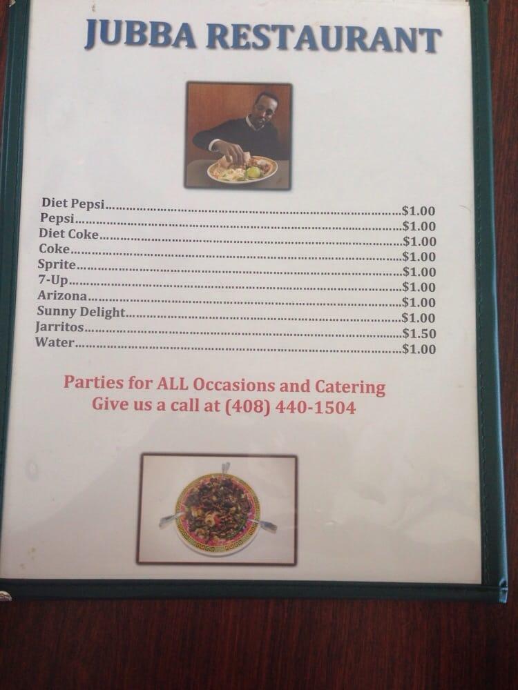 Menu at Jubba Somali Restaurant, San Jose