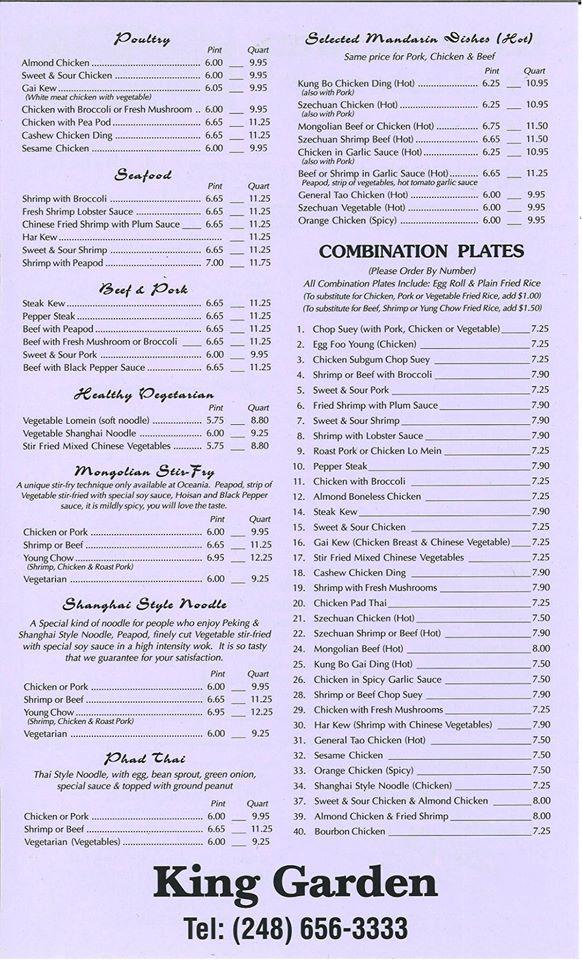 Menu at King Garden restaurant, Rochester Hills, North Rochester Road