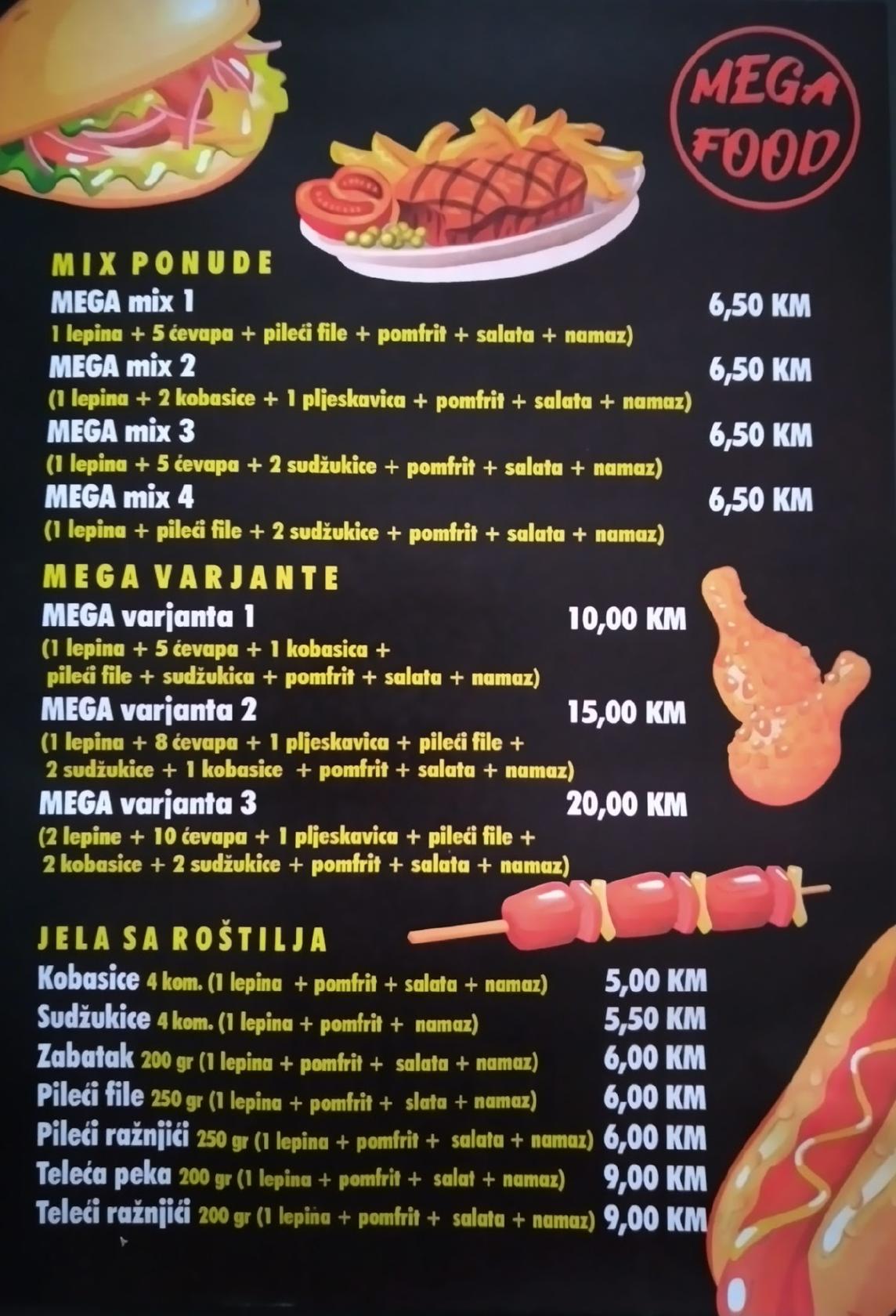 Menu at Mega Food restaurant, Zenica