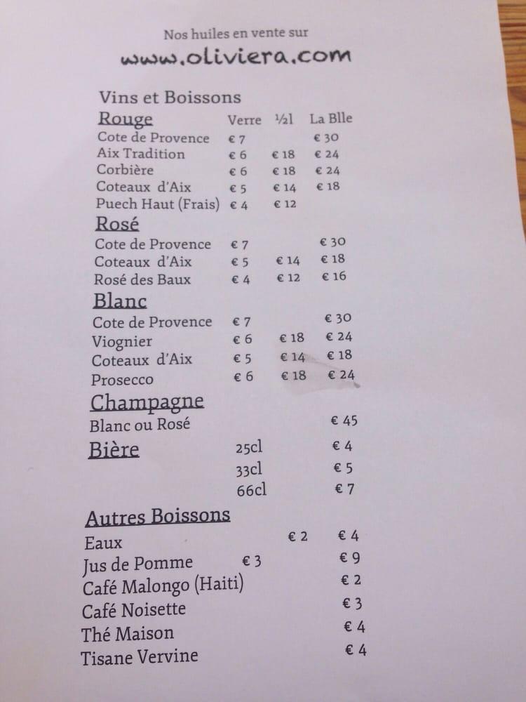 Menu at Oliviera restaurant, Nice