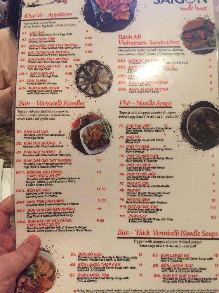 Menu at Saigon Noodle House restaurant, Birmingham, US-280 #108