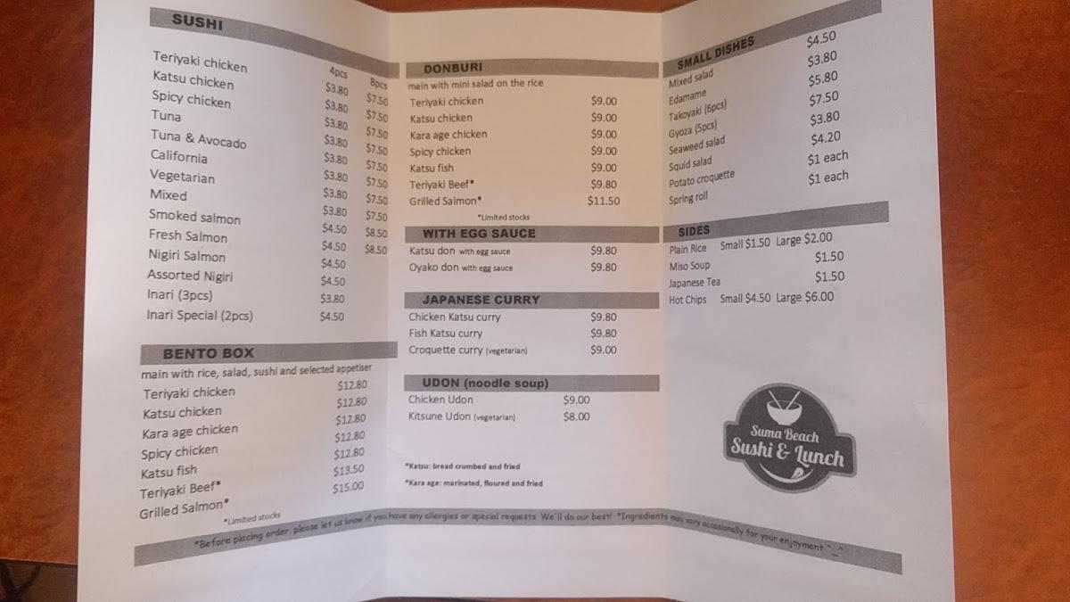 Menu at Suma Beach Sushi & Lunch restaurant, Osborne Park