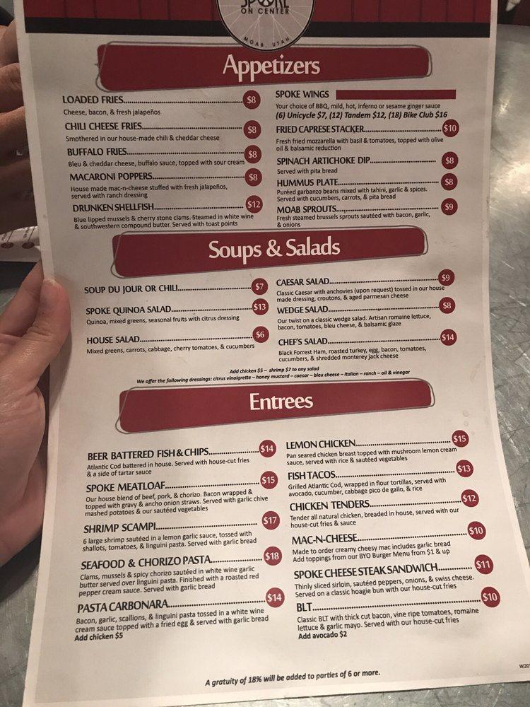 Menu at The Spoke on Center restaurant, Moab