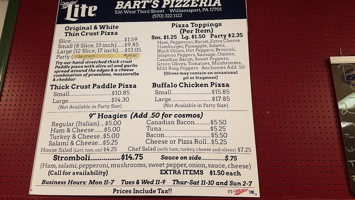 Menu at Bart's Pizzeria, Williamsport