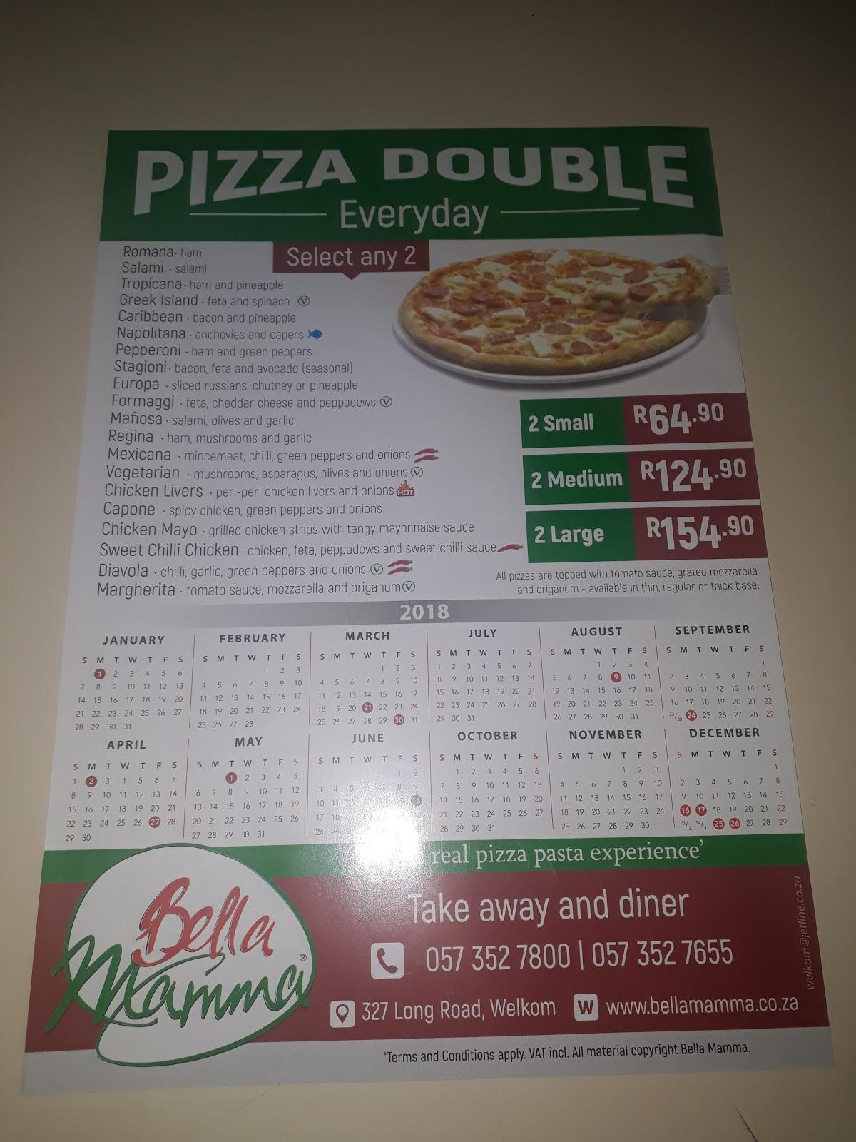 Menu at Bella Mamma restaurant, Welkom