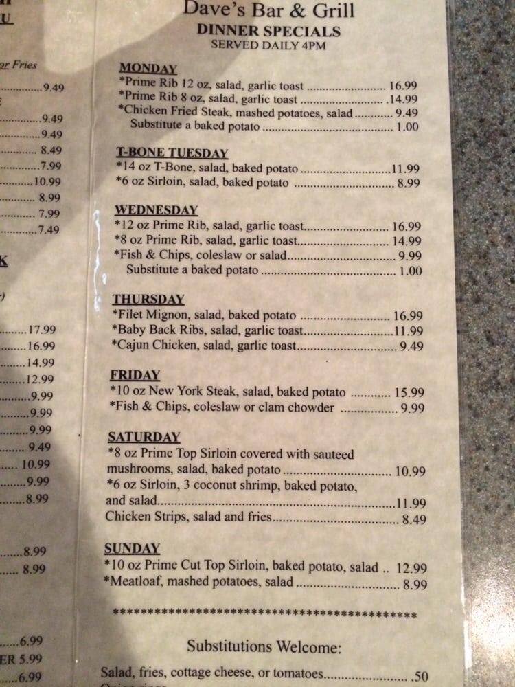 Menu at Dave's Bar and Grill, Spokane Valley