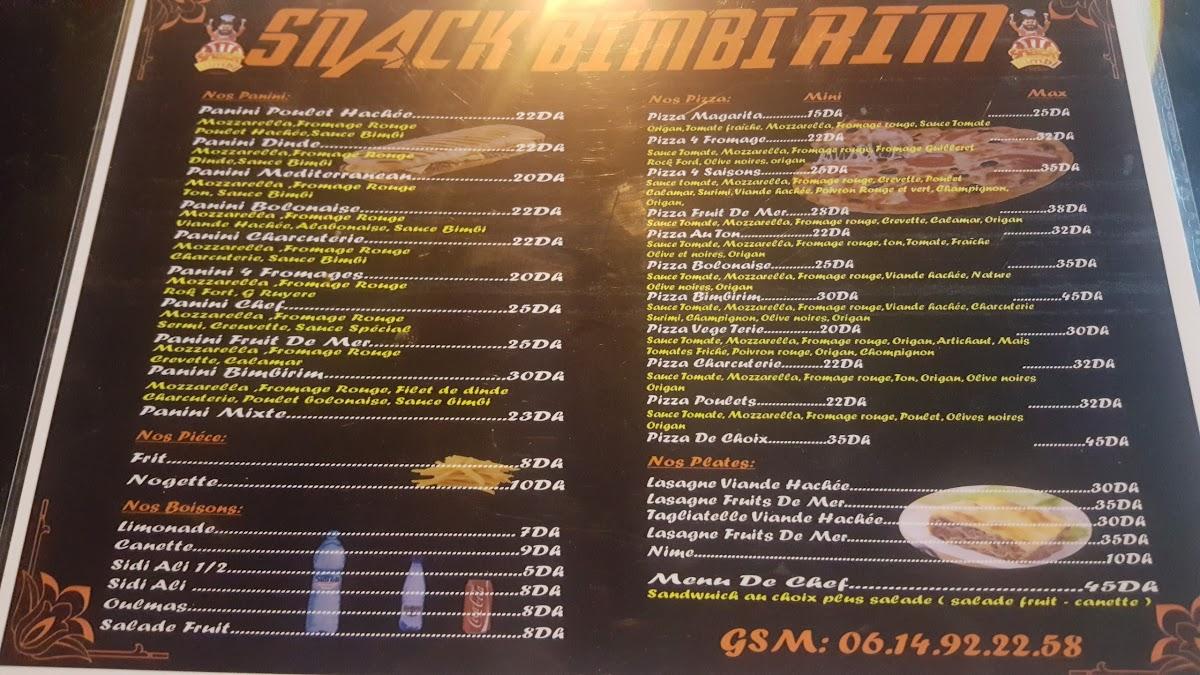 Menu at Snack Bimbi Rim restaurant, Fes