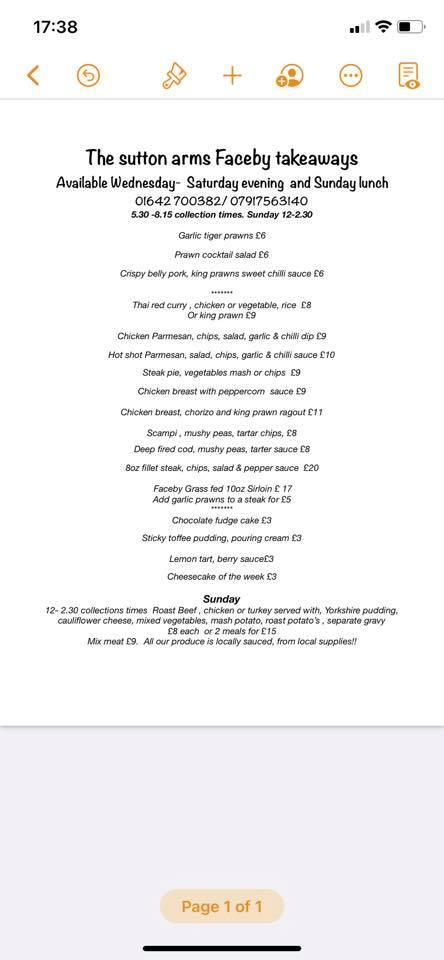 Menu at The Sutton Arms Faceby restaurant, Faceby, Mill Lane