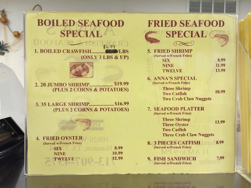 Menu at Anna's Crawfish & Seafood Market restaurant, Houston