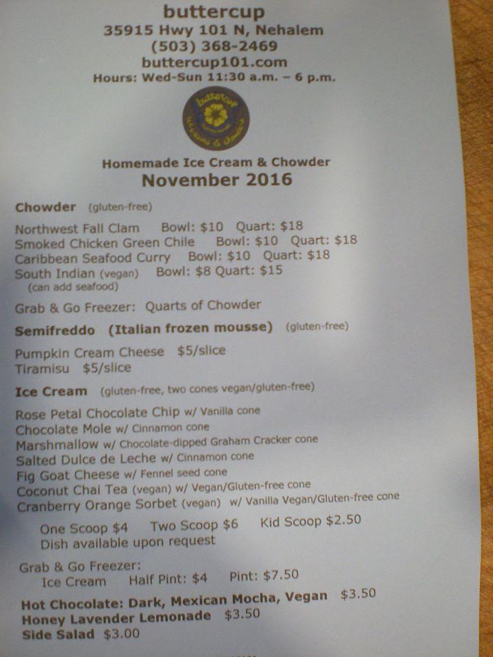 Menu at Buttercup desserts, Nehalem