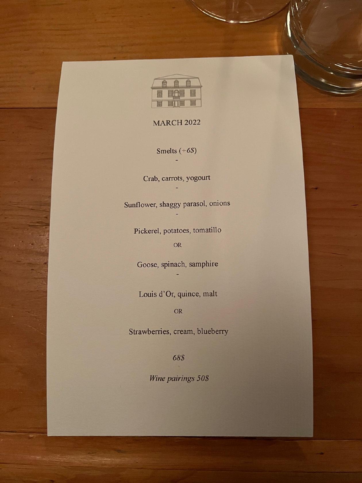 Menu at Candide restaurant, Montréal, 551 Rue Saint-Martin