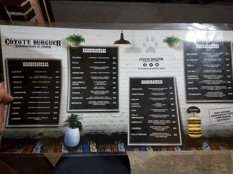 Menu at Coyote Burger, Puebla City
