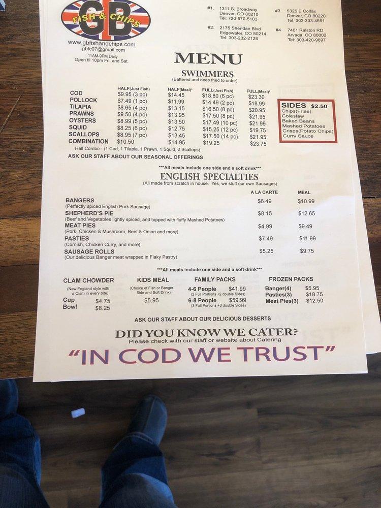 Menu at GB Fish & Chips restaurant, Arvada