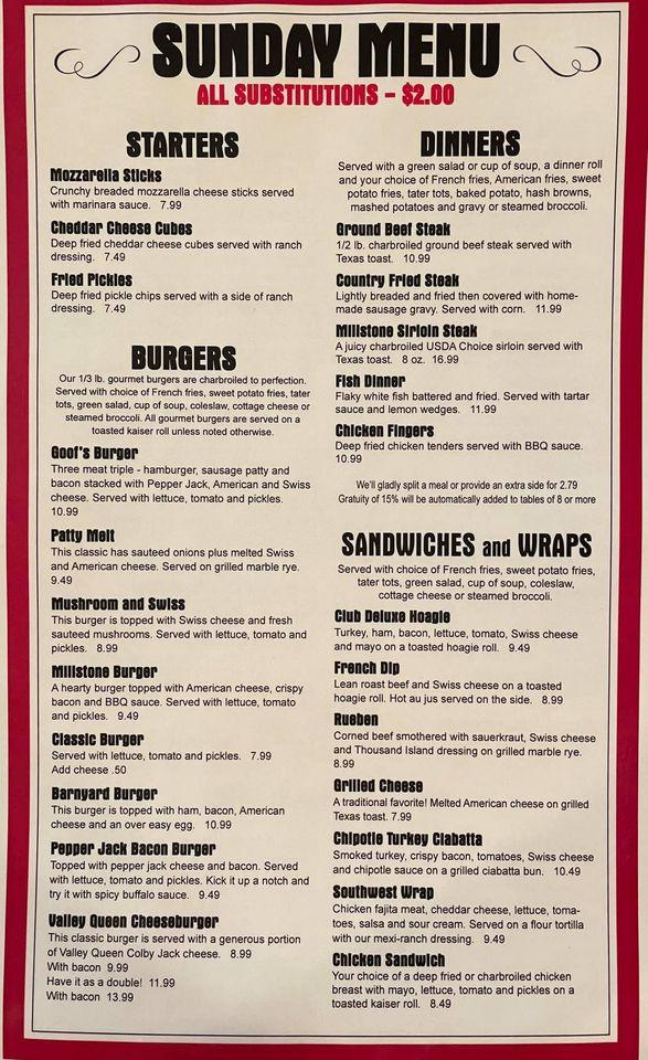 Menu at Millstone Family Restaurant, Milbank, E 4th Ave