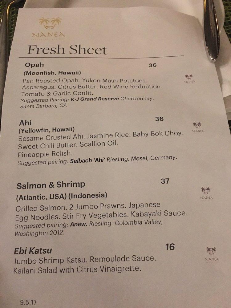 Menu at Nanea Restaurant and Bar, Princeville