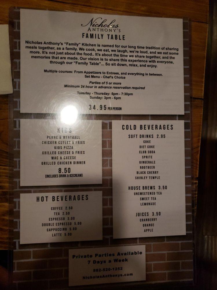 Menu at Nicholas Anthony's Family Kitchen restaurant, West Orange