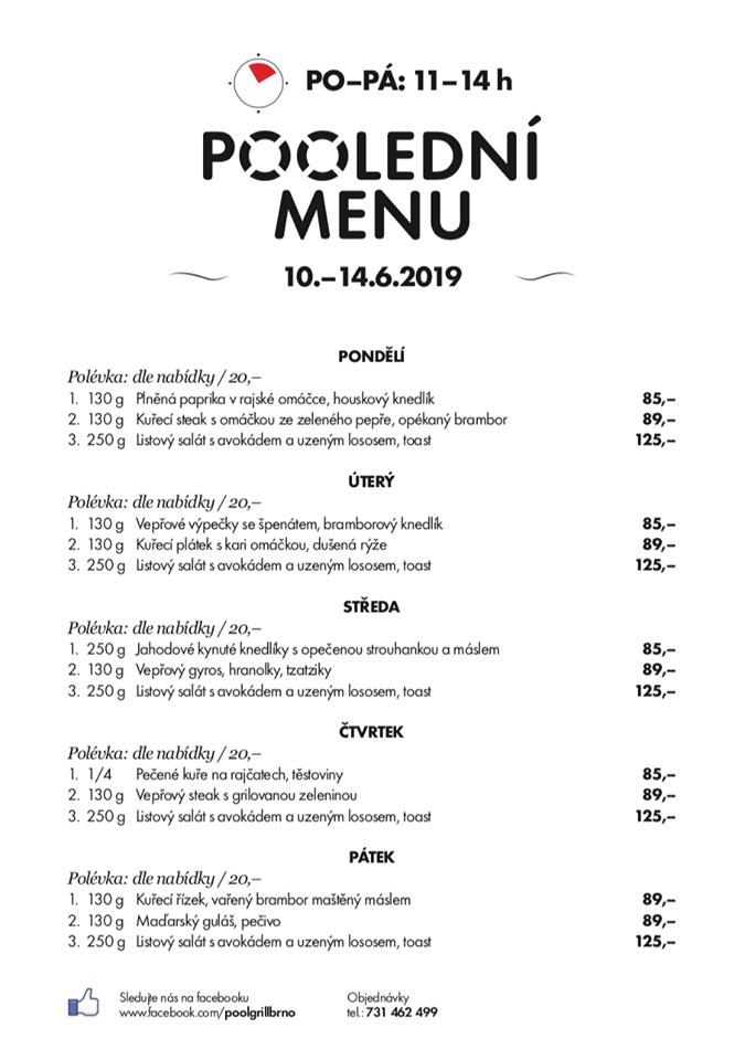 Menu at Pool Grill restaurant, Brno