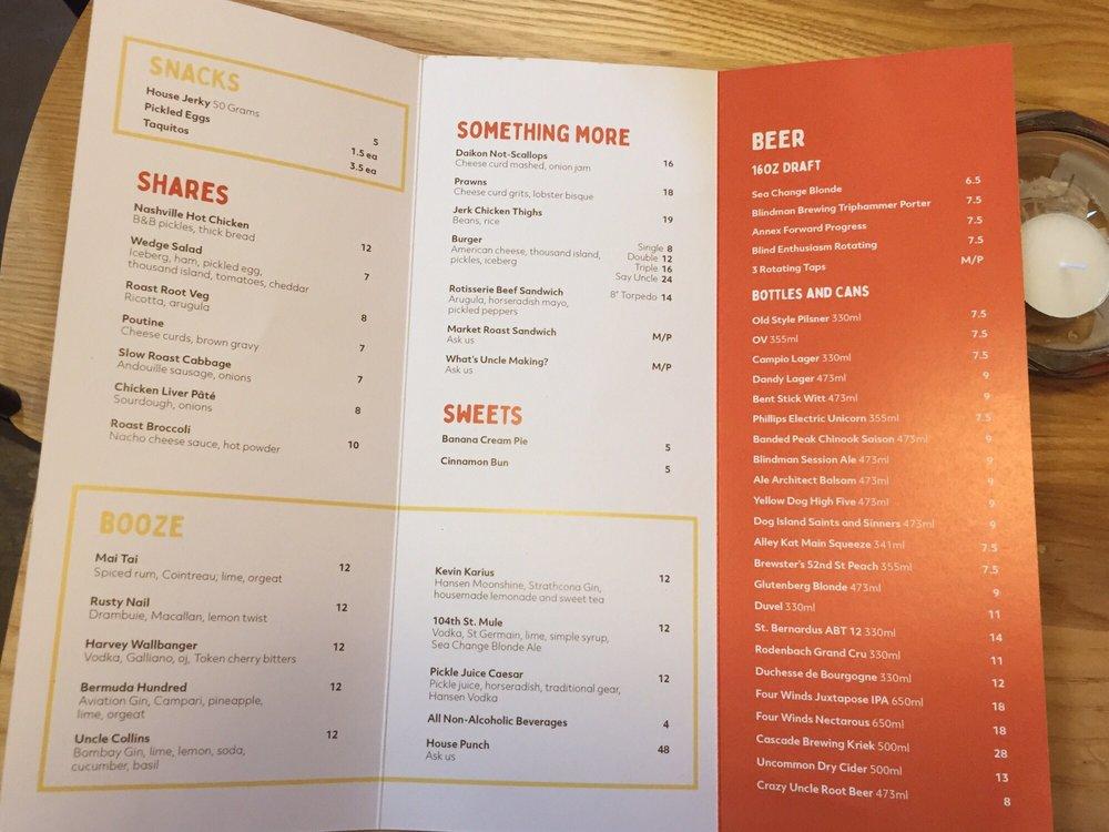 Menu at Say Uncle pub & bar, Edmonton, 104 St NW