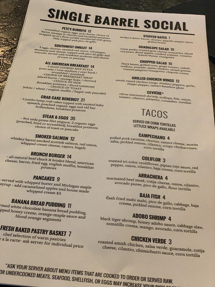 Menu at Single Barrel Social, Brighton