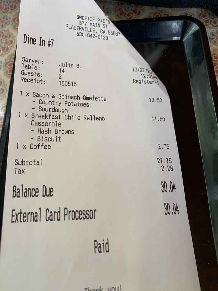 Menu at Sweetie Pie's cafe, Placerville