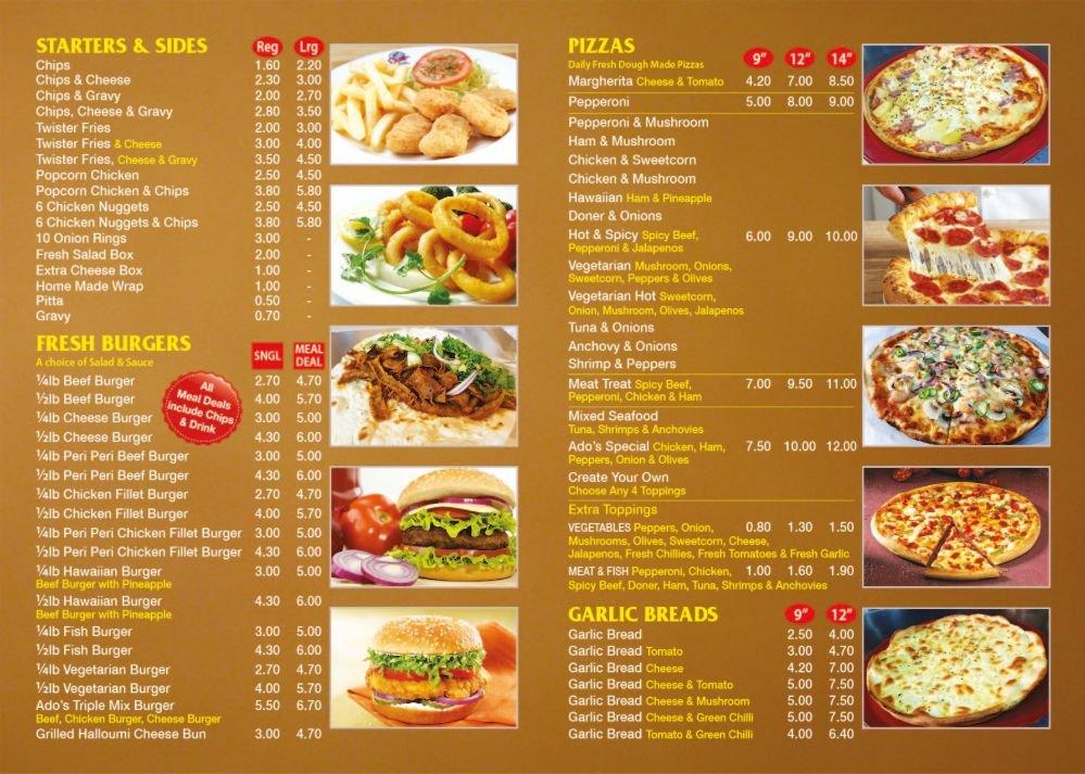 Menu at Ados pizzeria, Lancaster