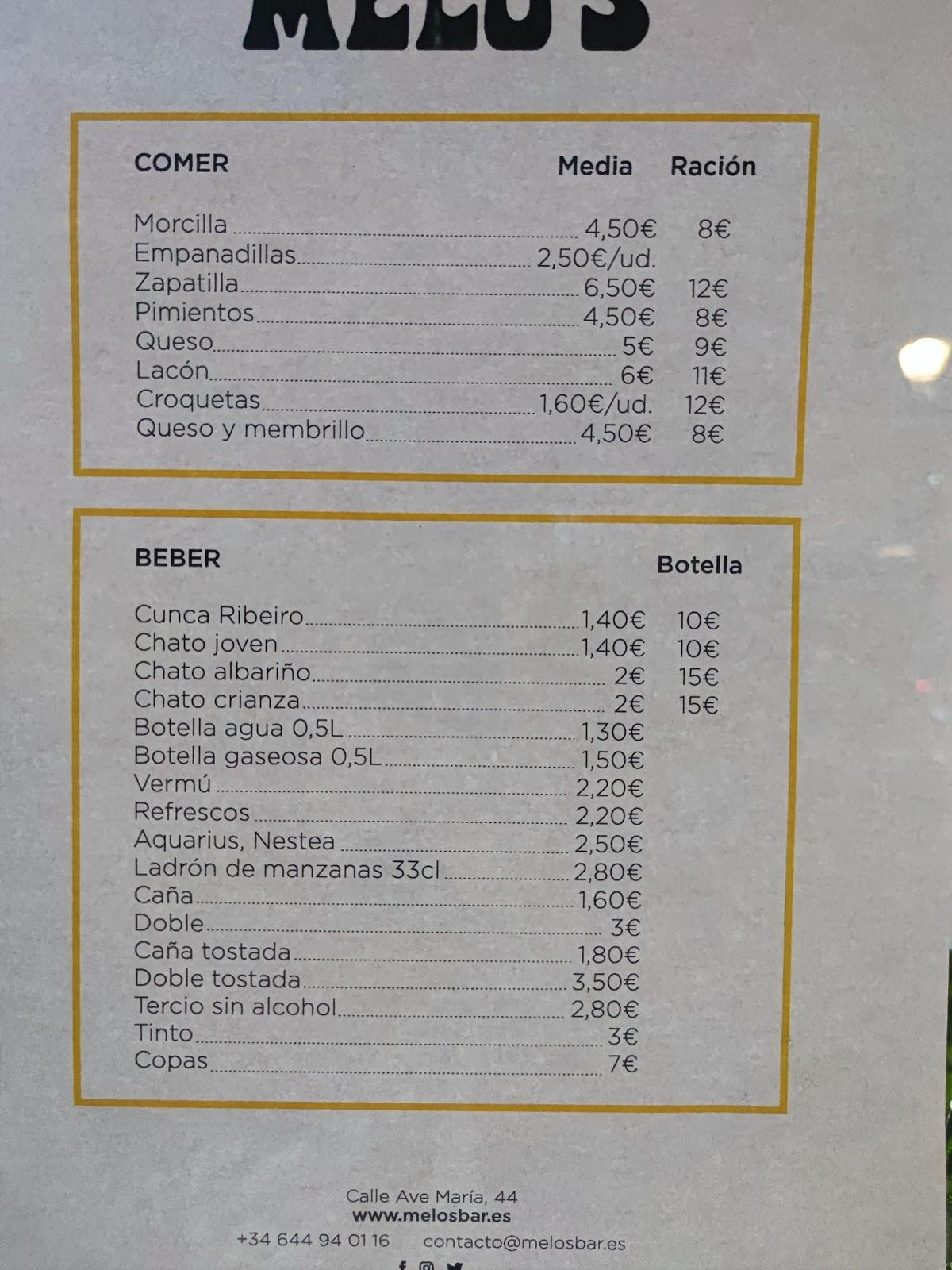 Carta de Bar Melo's Lavapiés, Madrid