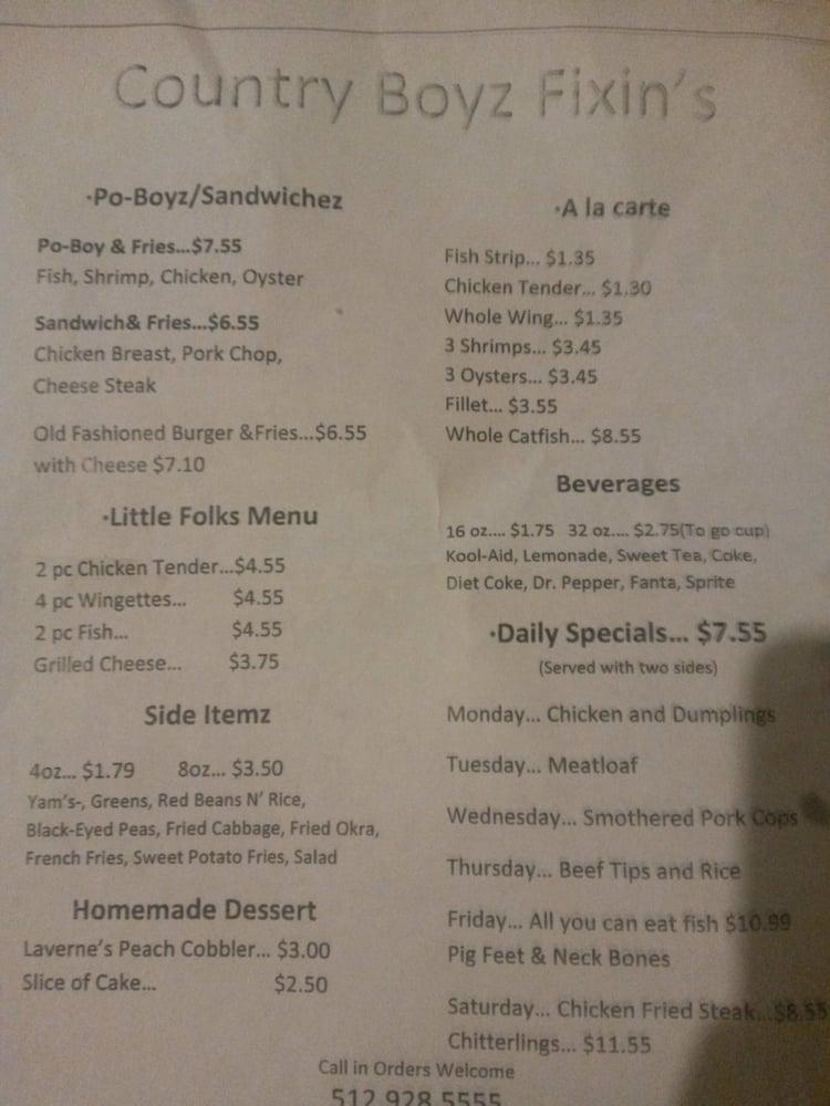 Menu at Country Boyz Fixins restaurant, Austin, E 12th St