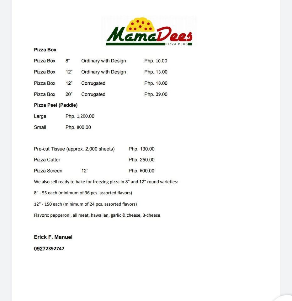 Menu at Mama Dees Pizza Plus restaurant, Manila