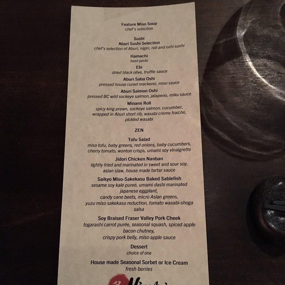 Menu at Minami restaurant, Vancouver