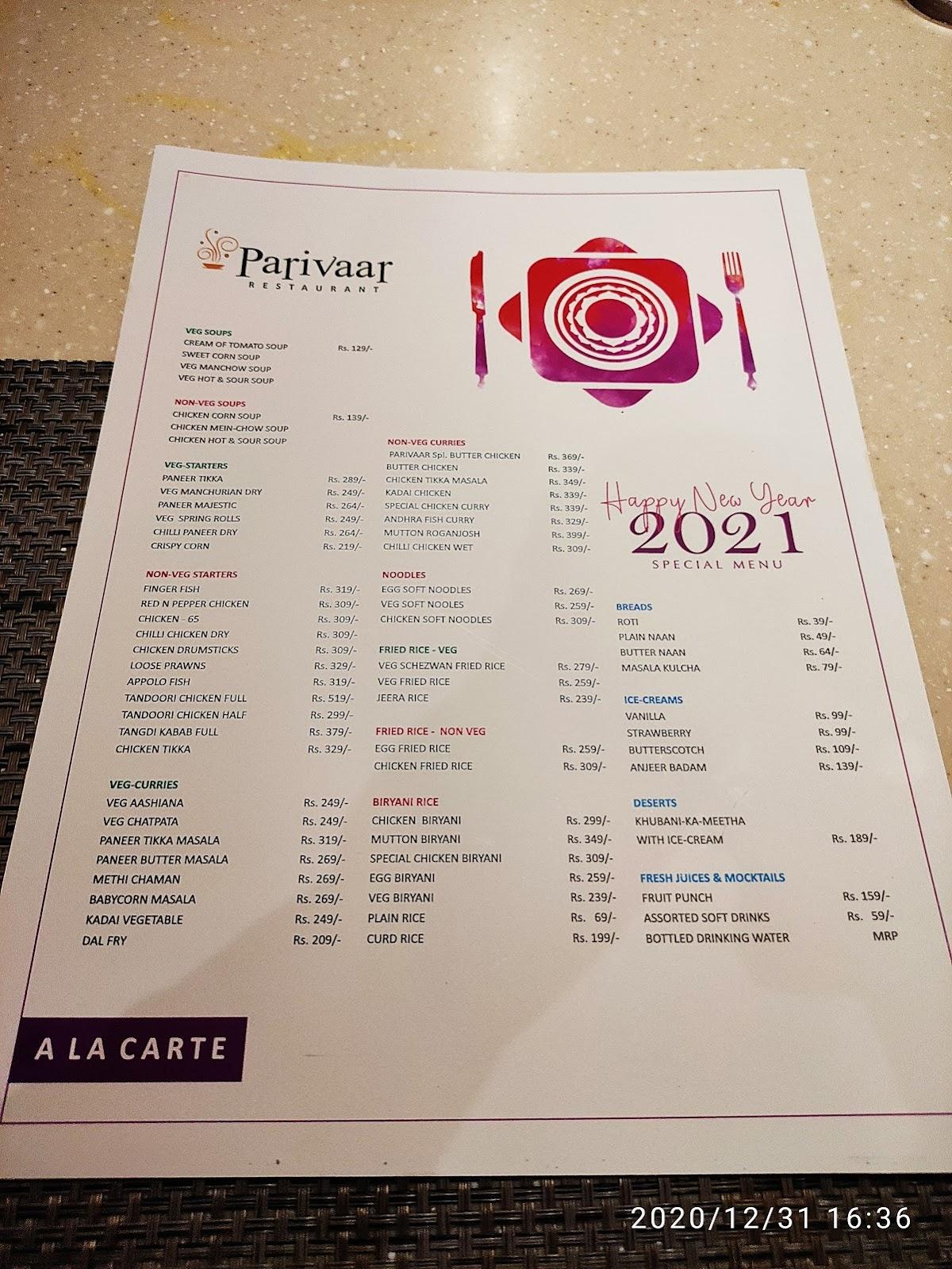 Menu at Parivar Restaurant Radhika, Secunderabad, 239