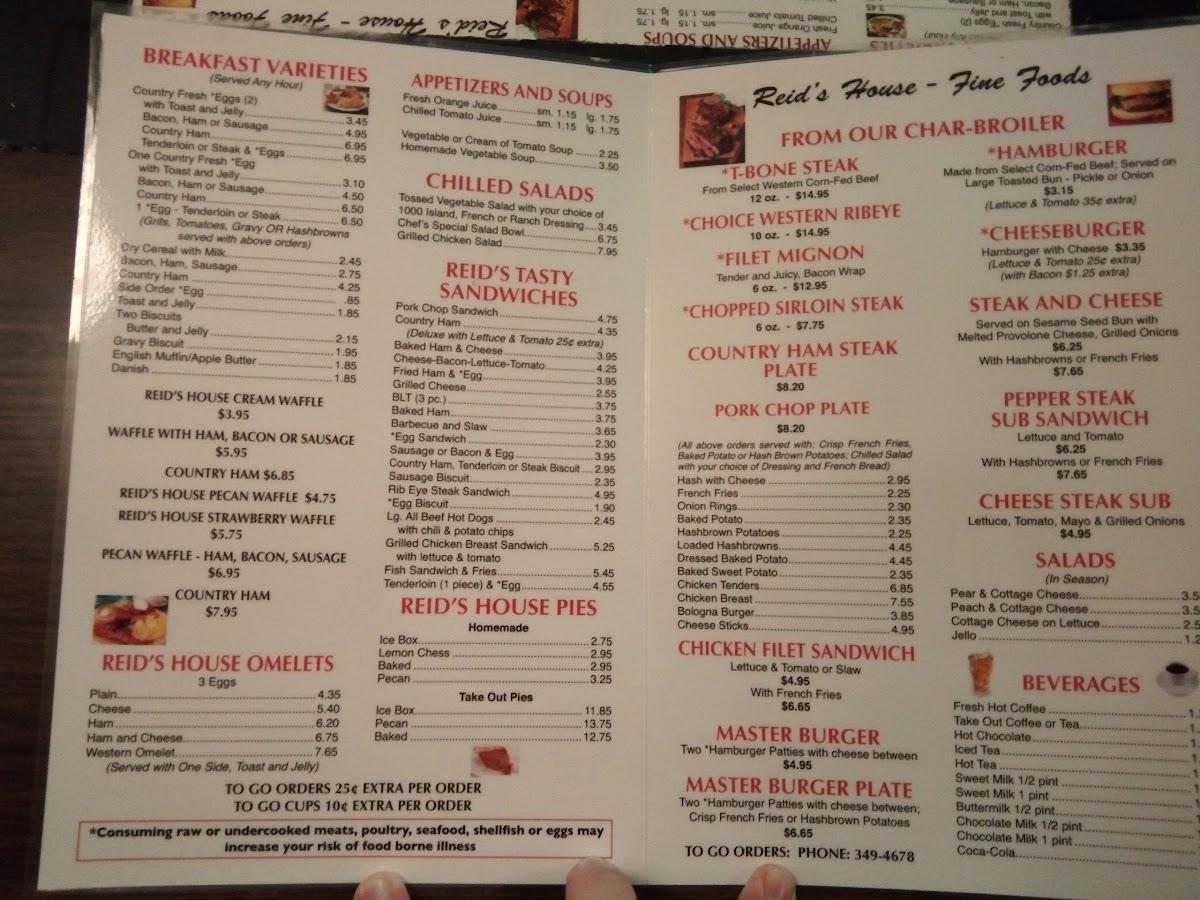 Menu at Reid's House Restaurant, Reidsville