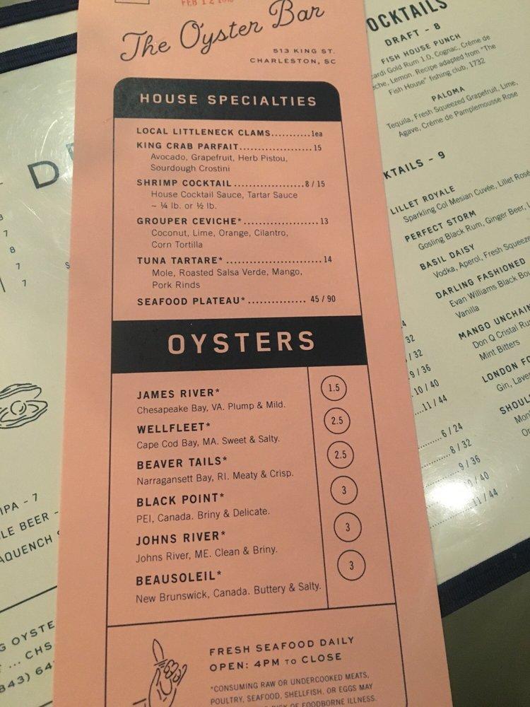 Menu at The Darling Oyster Bar, Charleston