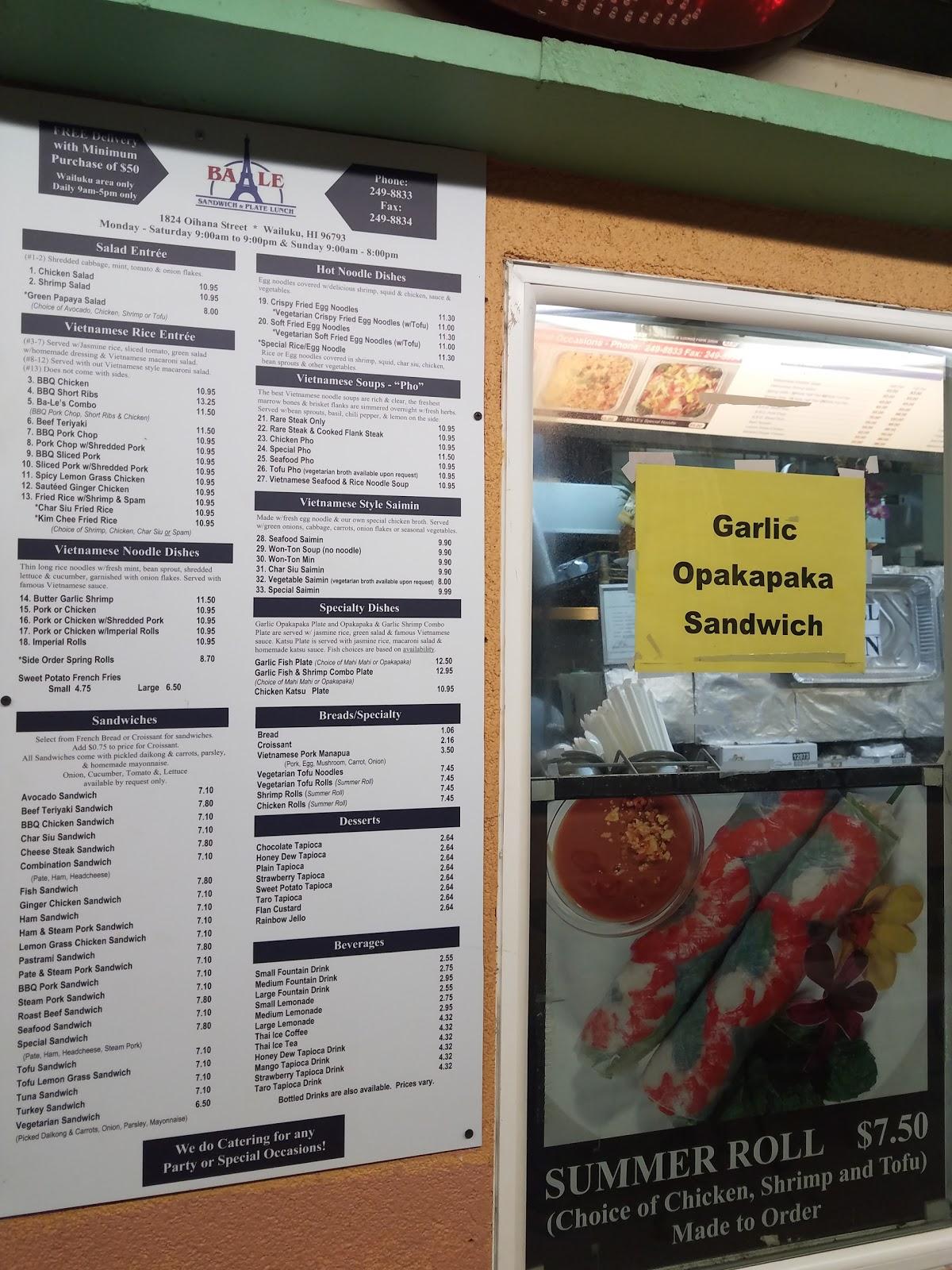 Menu at Ba-Le Sandwich Shop fast food, Wailuku