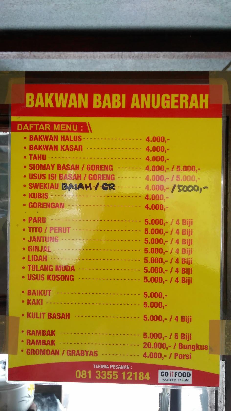 Menu at Bakwan Babi Anugerah restaurant, Surabaya