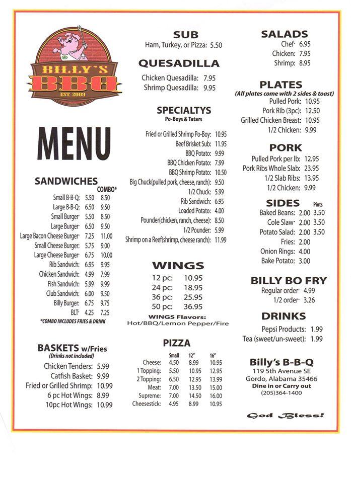 Menu at Billy's Bar Bbq, Gordo