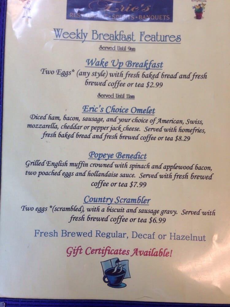 Menu at Erica's pub & bar, Waterville