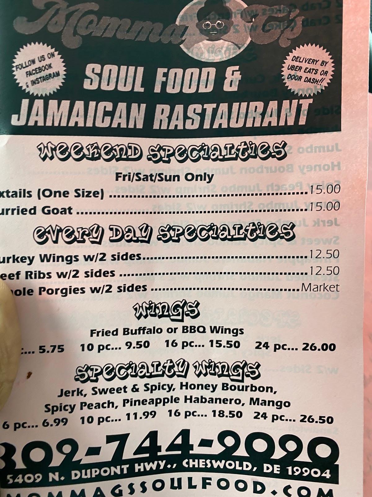 Menu at Momma G's Soul Food and Jamaican Restaurant, Dover